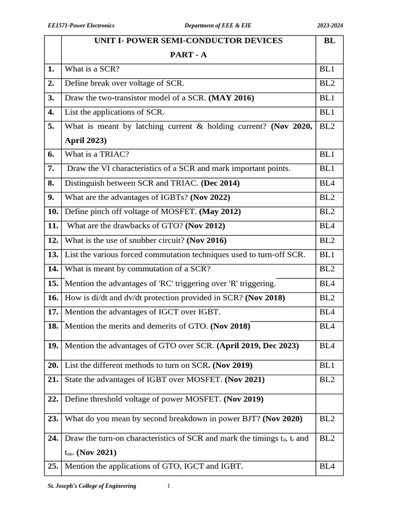 Ee1571-Power Electronics Department of Eee & Eie 2023-2024 | PDF