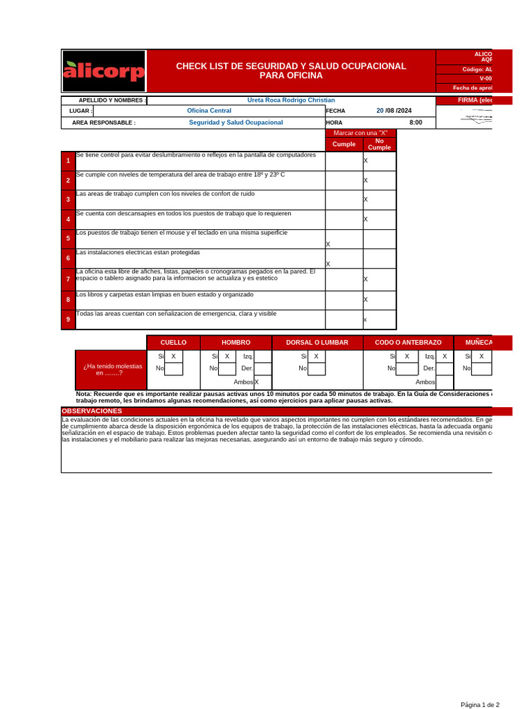 Oficina: Lista de Verificación de Seguridad y Salud 2024 | PDF