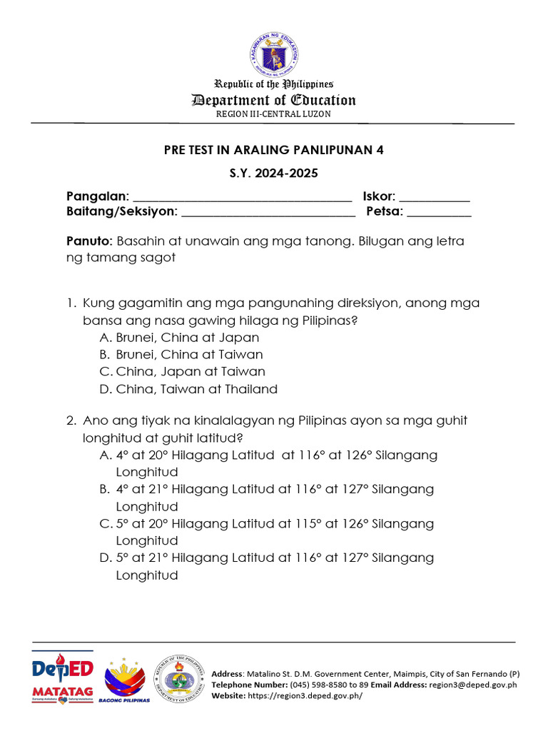 PRE-TEST_AP_Grade-4 | PDF