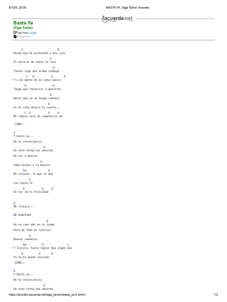 BASTA YA, Olga Tañon - Acordes | PDF