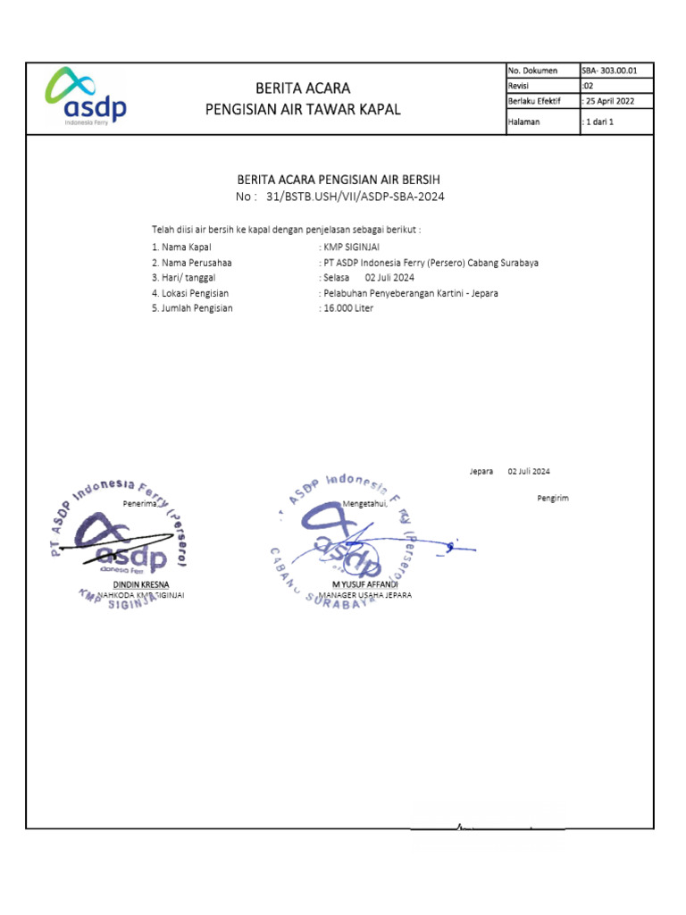 BA Air Tawar KMP Siginjai Bulan Juli 2024 | PDF
