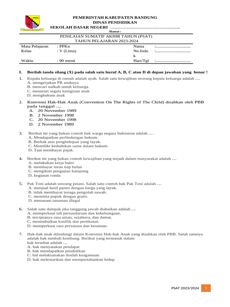 Master Soal Psat Kelas PPKN | PDF