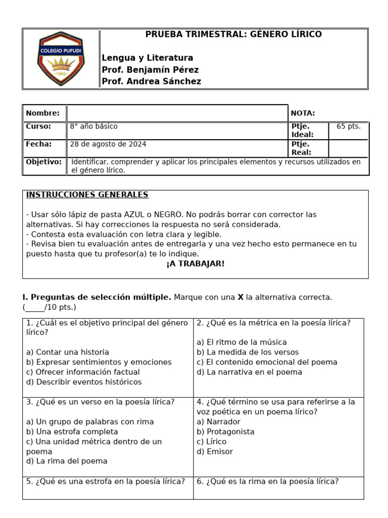 Prueba Segundo Trimestre 8° | PDF