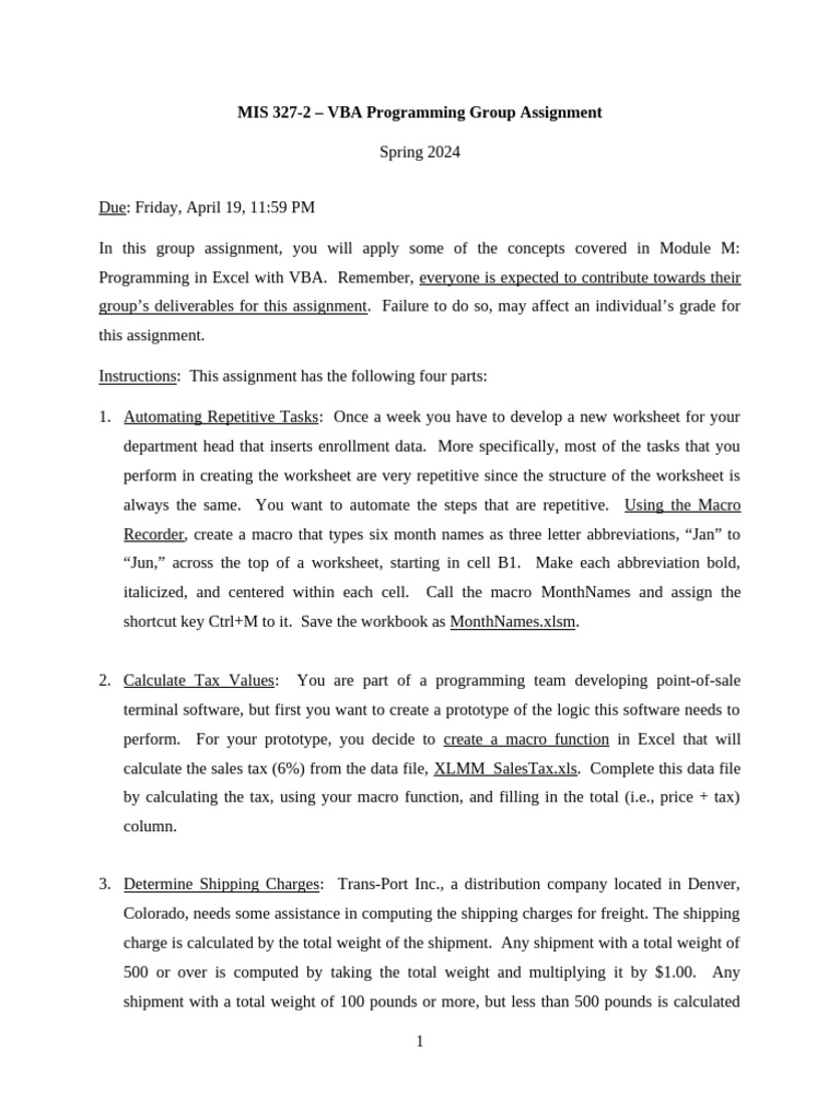MIS 327-2 VBA - Group Assignment - Spring 2024 | PDF