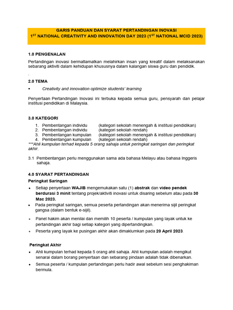 Garis Panduan Dan Syarat Pertandingan Inovasi MCID2023 | PDF Garis Panduan Dan Syarat Pertandingan Inovasi MCID2023 | PDF