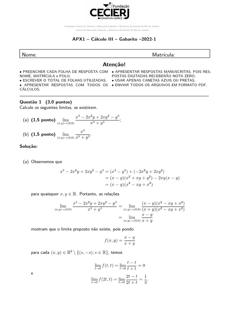APX1 CIII 2022 1 Gabarito | PDF