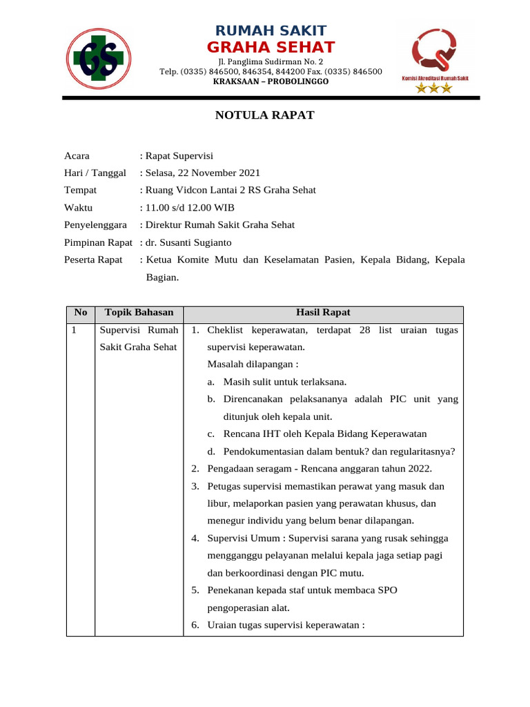NOTULA RAPAT Supervisi 22-11-2021 | PDF