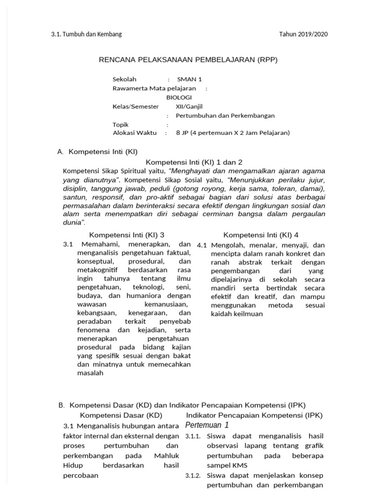 PDF 1 RPP Pertumbuhan Dan Perkembangan KD 31 Dan 41docx | PDF