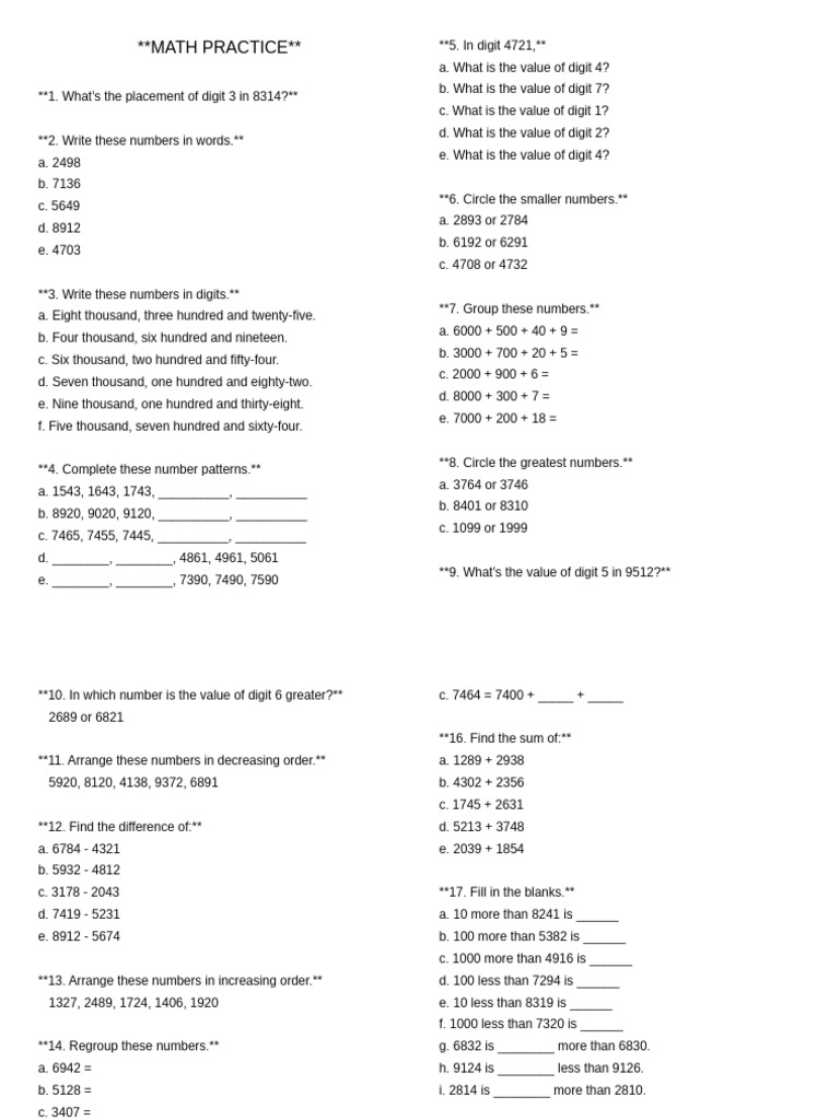 Math Practice G3 Unit 1 Ver 2 | PDF