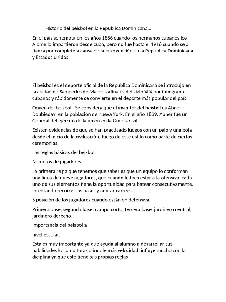 Historia Del Beisbol en La Republica Dominicana | PDF | Deportes y ...