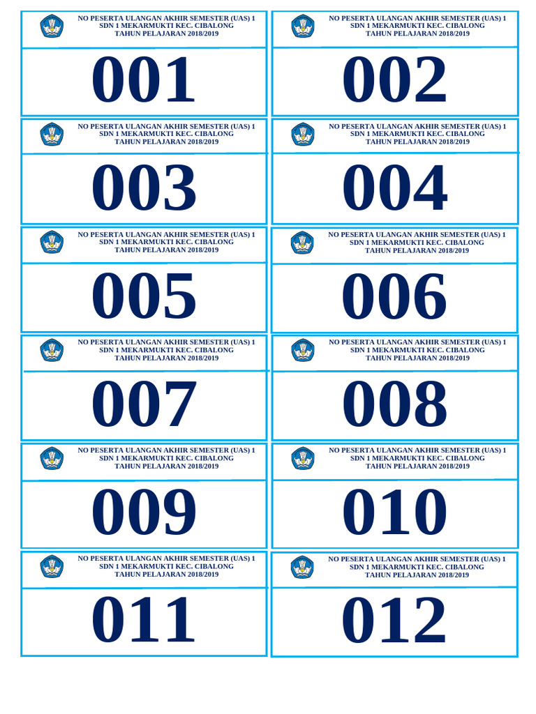 Nomor Meja UAS 1 SD Sentra | PDF
