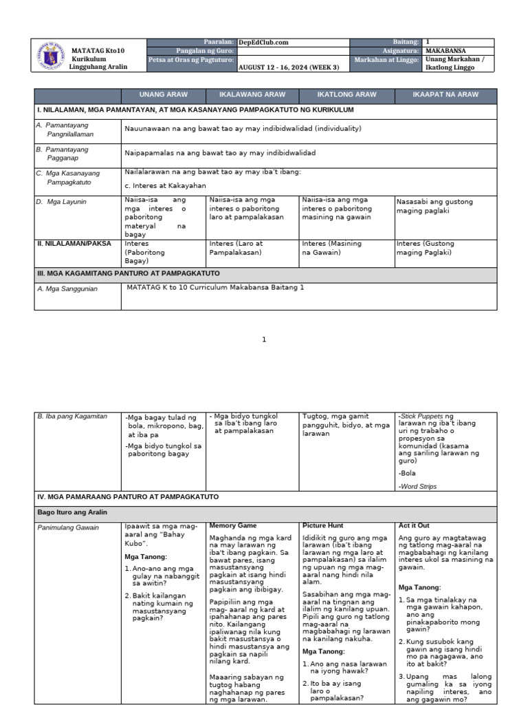 Dll Matatag Makabansa 1 Q1 W3 Pdf