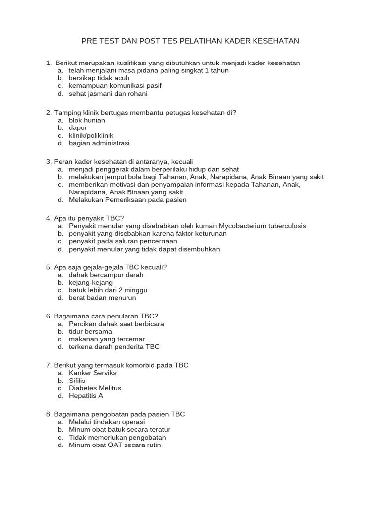 PRE TEST DAN POST TES PELATIHAN KADER KESEHATAN Print | PDF