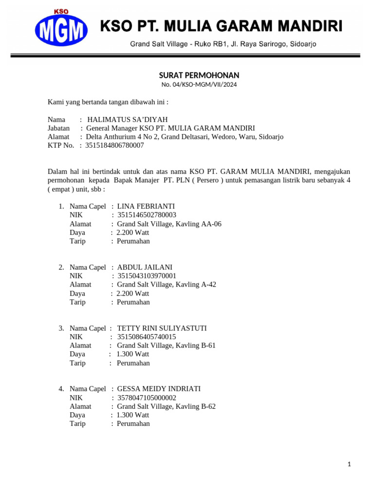 Surat Pengajuan Pln Ii Pdf