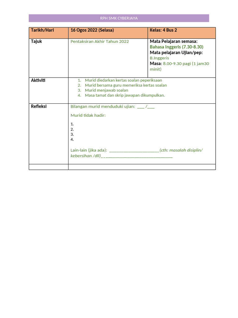 RPH Ujian Dan Peperiksaan | PDF