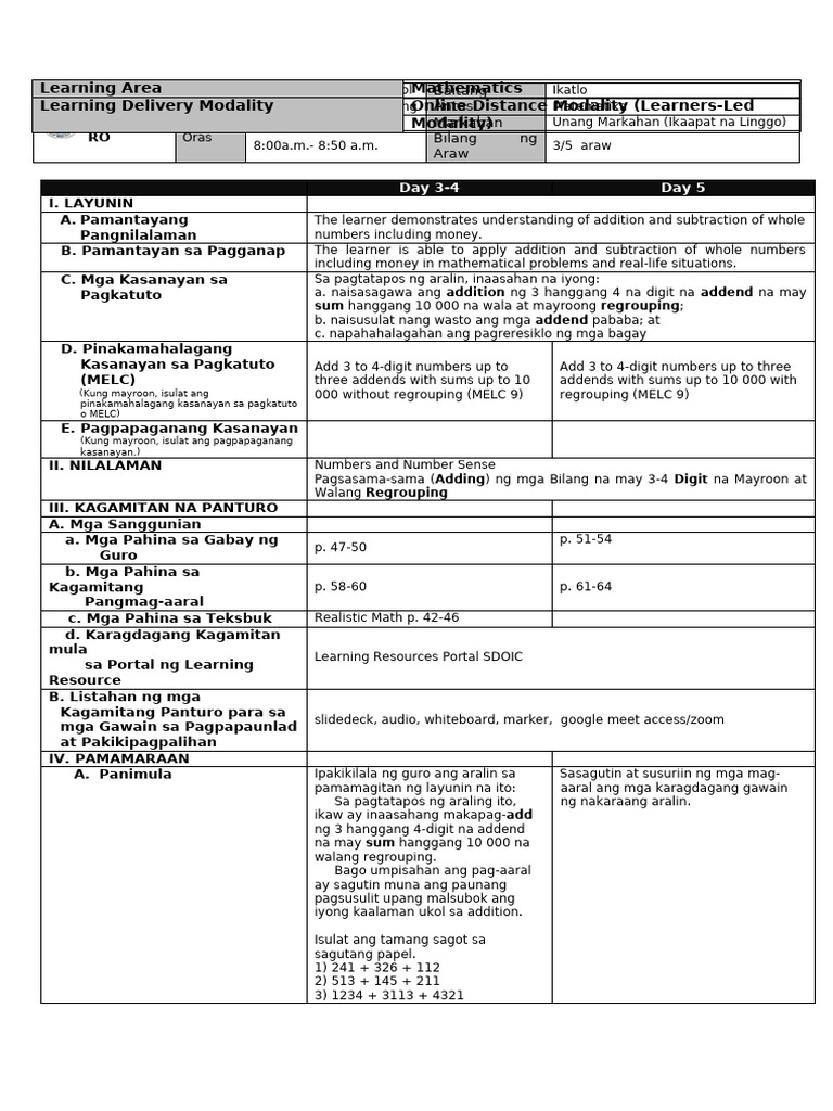 Math Grade 3 IDEA LE Q1 WEEK 4 MELC 9 v.1 | PDF
