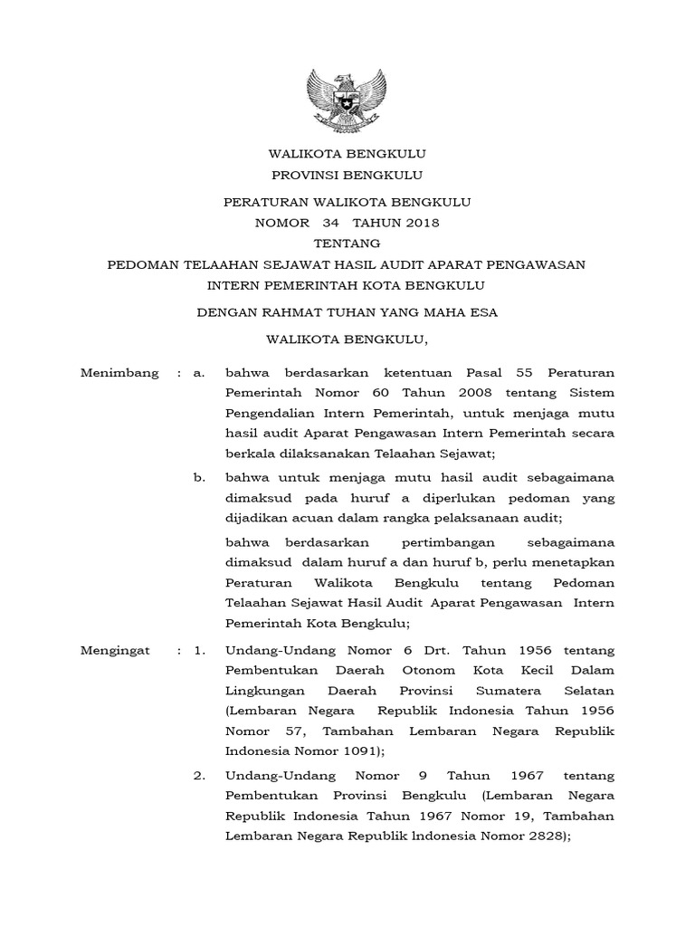 Perwal 2018-34 Pedoman Telaahan Sejawat Hasil Audit APIP | PDF