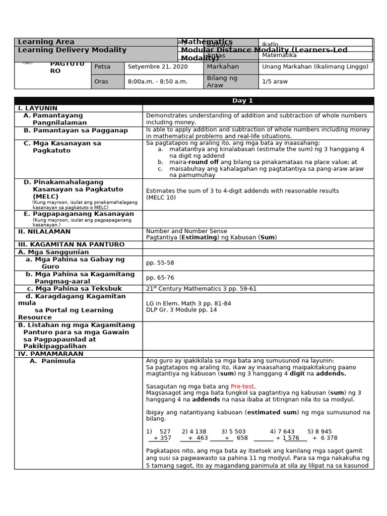 Math Grade 3 IDEA LE Q1 WEEK 5 MELC 10 v.1 | PDF