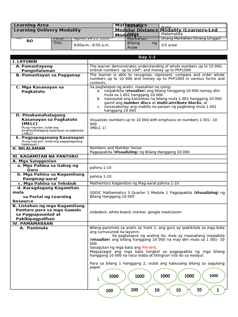 Math Grade 3 Idea Le q1 Week 1 Melc 1 v.1 | PDF