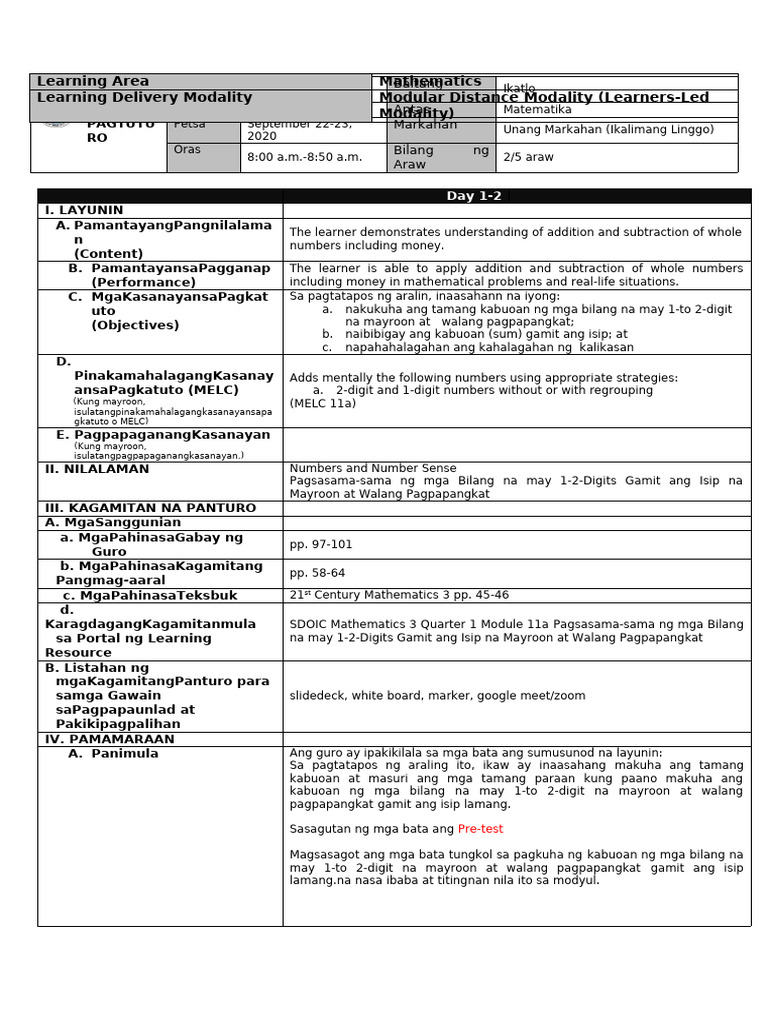 Math Grade 3 Idea Le q1 Week 5 Melc 11.a v.1 | PDF