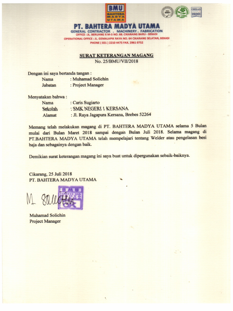 Surat Keterangan Magang | PDF
