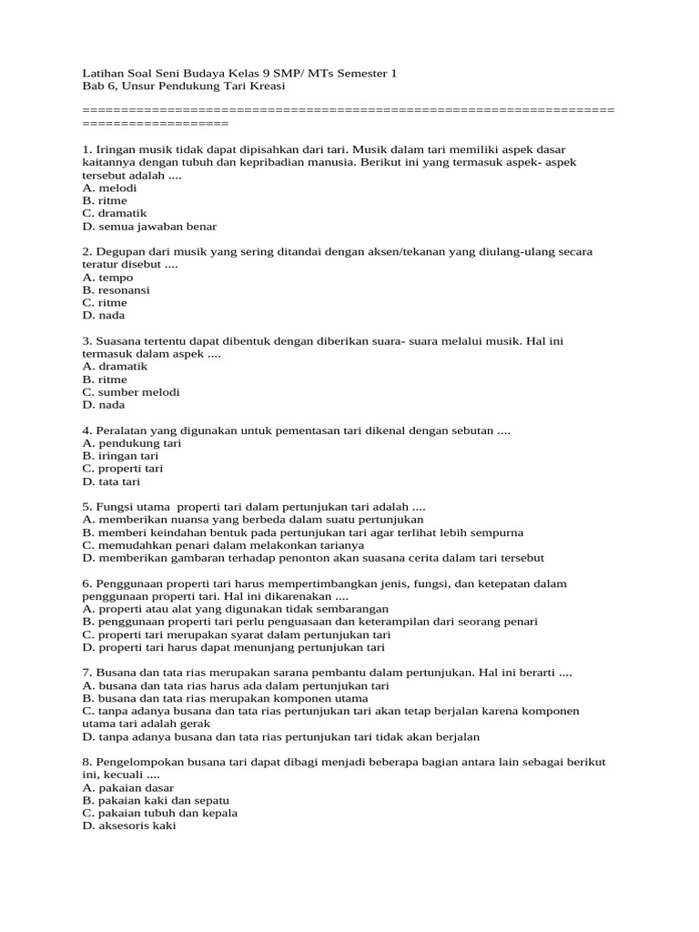 Soal Bab Vi Unsur Pendukung Seni Tari Azhanet | PDF