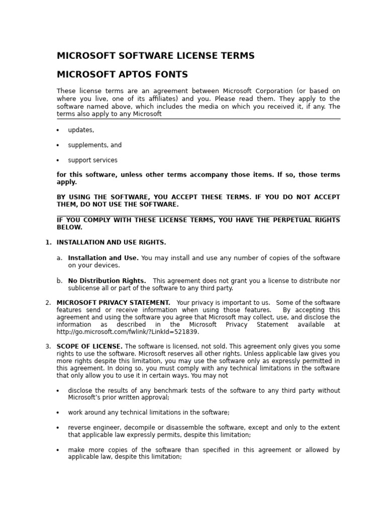 Microsoft Aptos Fonts EULA | PDF