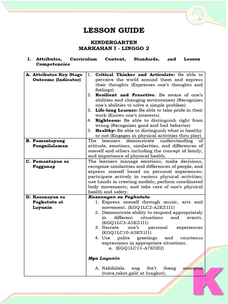 Lesson Guide: Kindergarten Markahan I - Linggo 2 | PDF