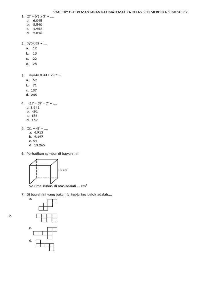 SOAL TRY OUT PEMANTAPAN PAT MATEMATIKA KELAS 5 SD MERDEKA SEMESTER 2 Rev | PDF