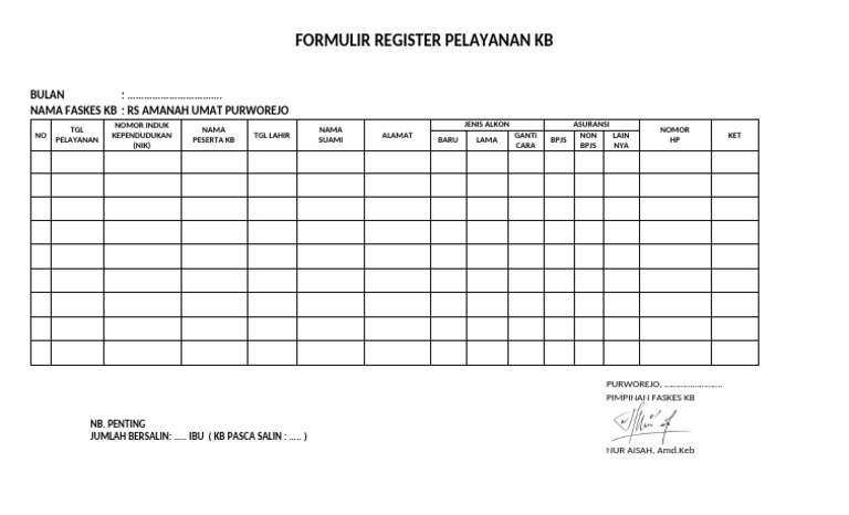 Print Formulir Register Pelayanan KB Kosongan | PDF