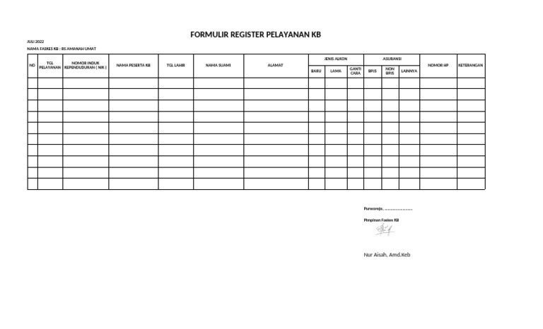 Formulir Register Pelayanan KB Kosong | PDF