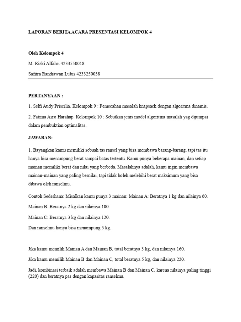 Laporan Berita Acara Presentasi Kelompok 4 (Desain Dan Analisis ... Laporan Berita Acara Presentasi Kelompok 4 (Desain Dan Analisis ...