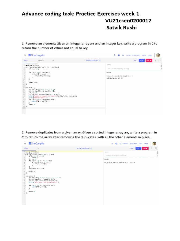 Advance Coding Task: Practice Exercises Week-1 VU21csen0200017 Satvik Rushi | PDF