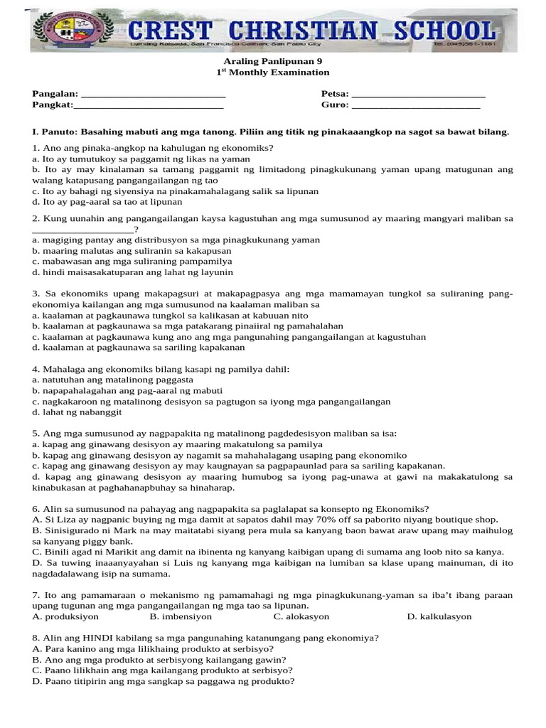 AP 9 (1st Monthly Exam) | PDF
