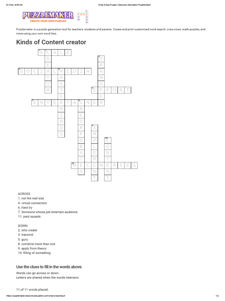 Criss Cross Puzzle Key - Discovery Education Puzzlemaker | PDF