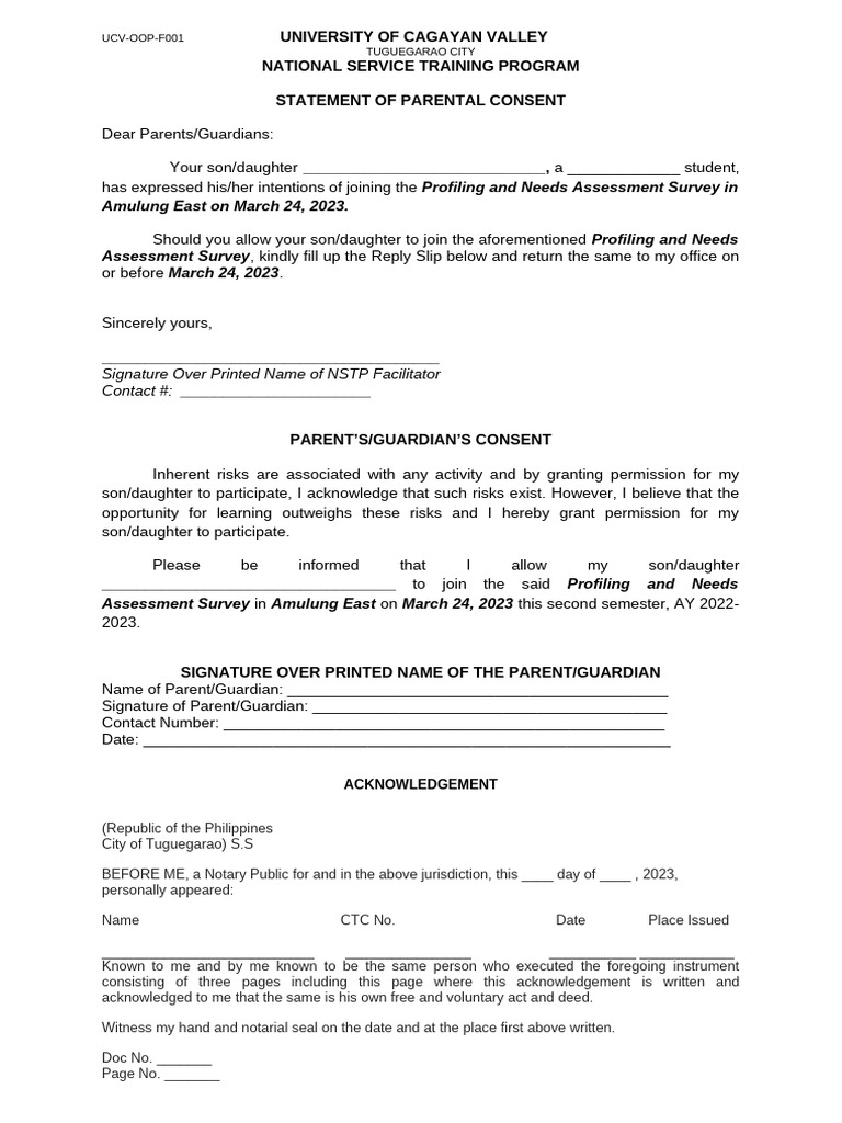 NSTP Parents Consent | PDF | Civil Law (Common Law) | Common Law