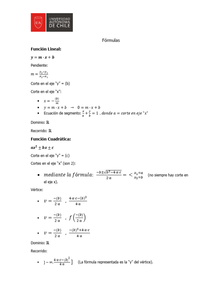 Fórmulas de Funciones Algebráicas | PDF