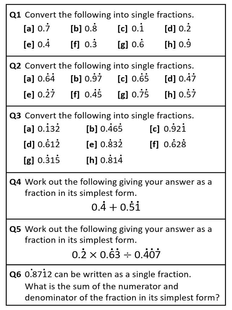 Recurring Decimals Worksheet 1 Pdf