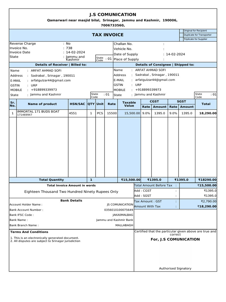 Invoice 738 ARFAT AHMAD SOFI | PDF