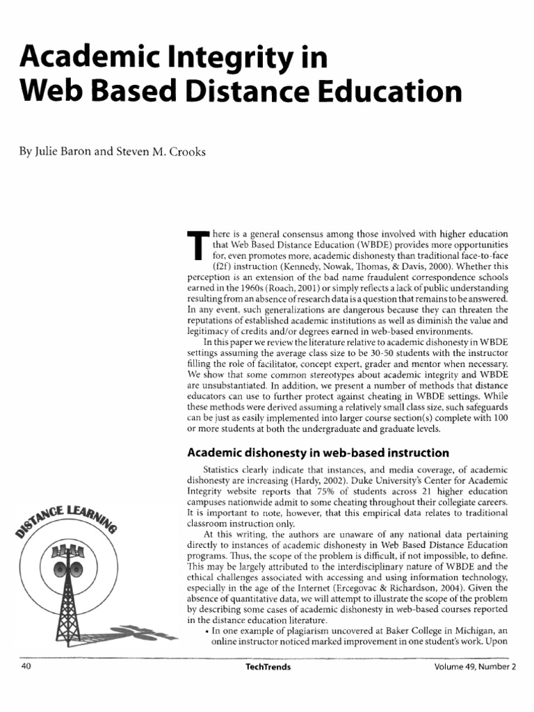 Academic Integrity in Web Based Distance Education | PDF