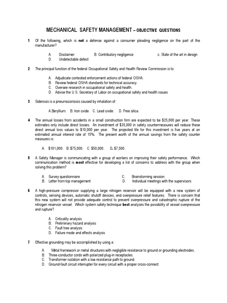 Mechanical Safety Management: - Objective Questions | Download Free PDF ...