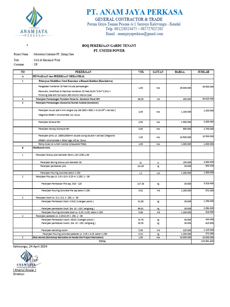 BoQ Gardu PT. Matahari Tire Indonesia Tipe Container | PDF