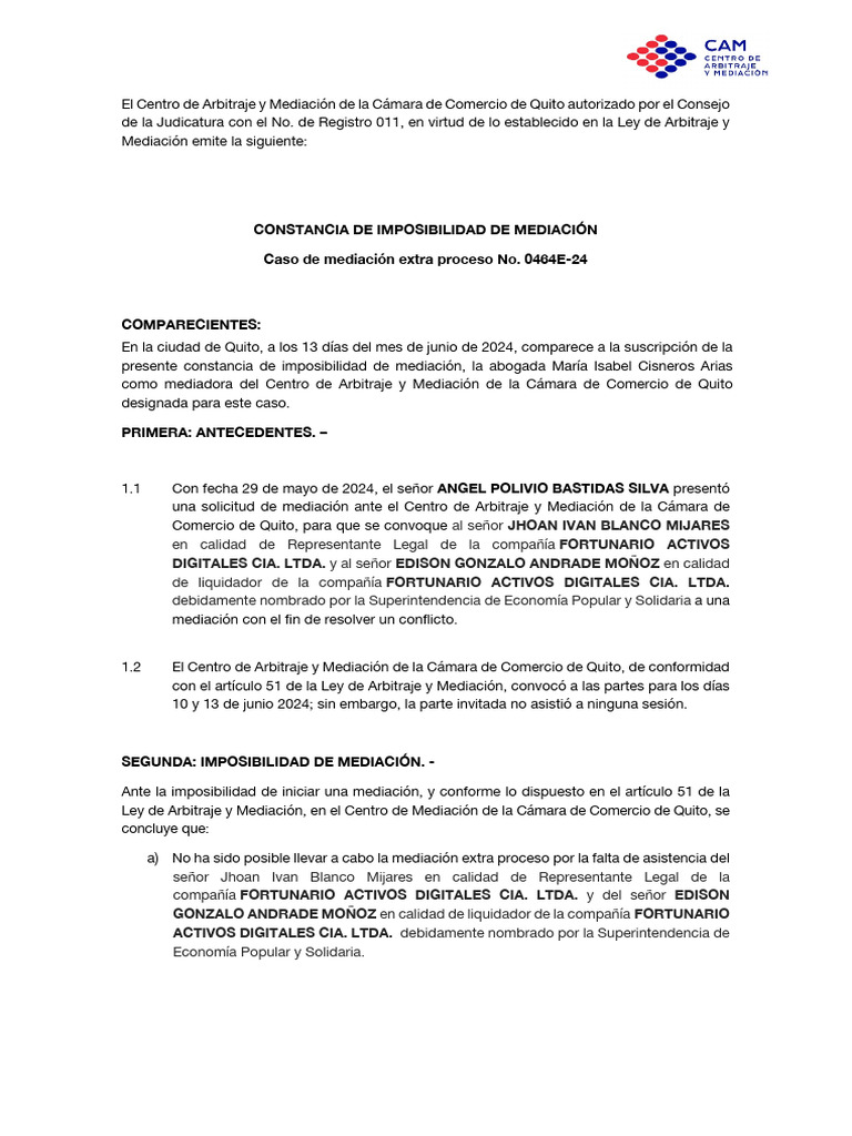 Angel Polivio Bastidas Silva - Constancia de Imposibilidad de Mediación ...