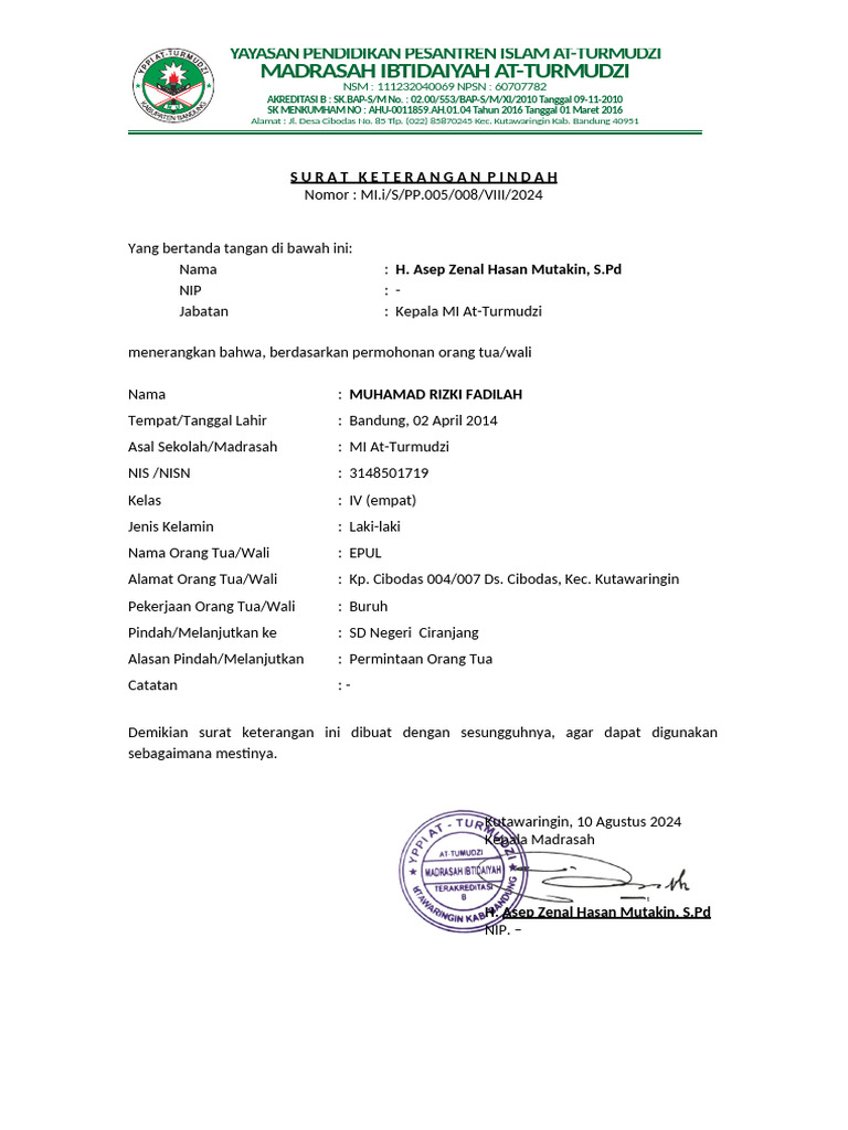 SK PINDAH SISKA - 4MI Rizki | PDF