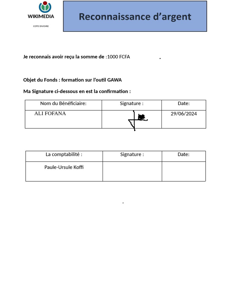 Reconnaissance D'argent Recu - Modele Ali Fofana | PDF