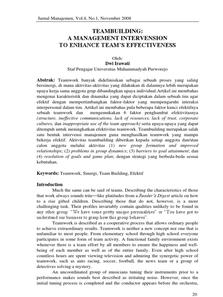 Teambuilding: A Management Intervension To Enhance Team'S Effectiveness ...