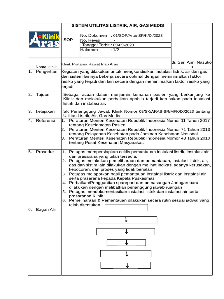 Sop Utilitas Listrik, Air Dan Gas Medis SR | PDF