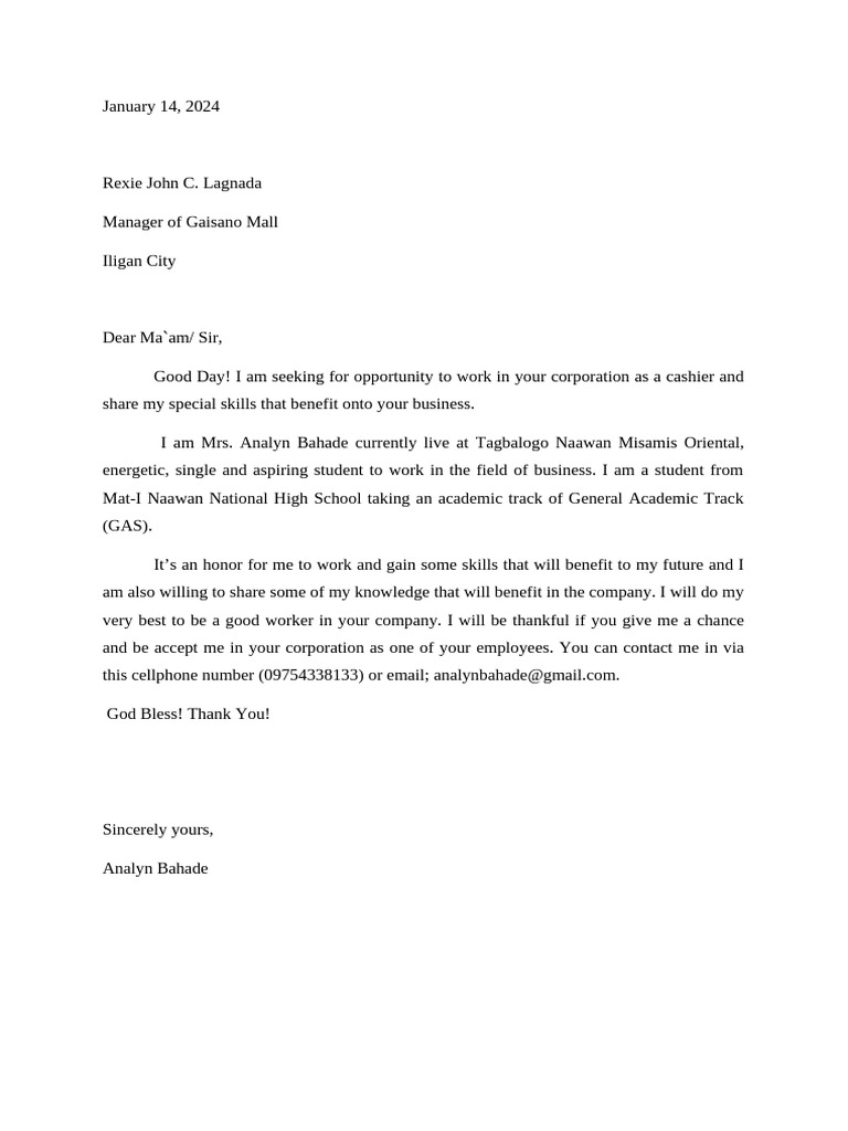 Analyn Bahade App Letter | PDF