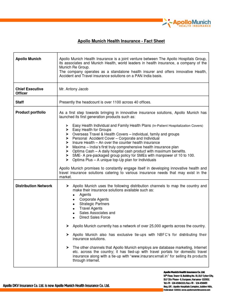 Apollo Munich Fact Sheet | PDF | Health Care | Insurance