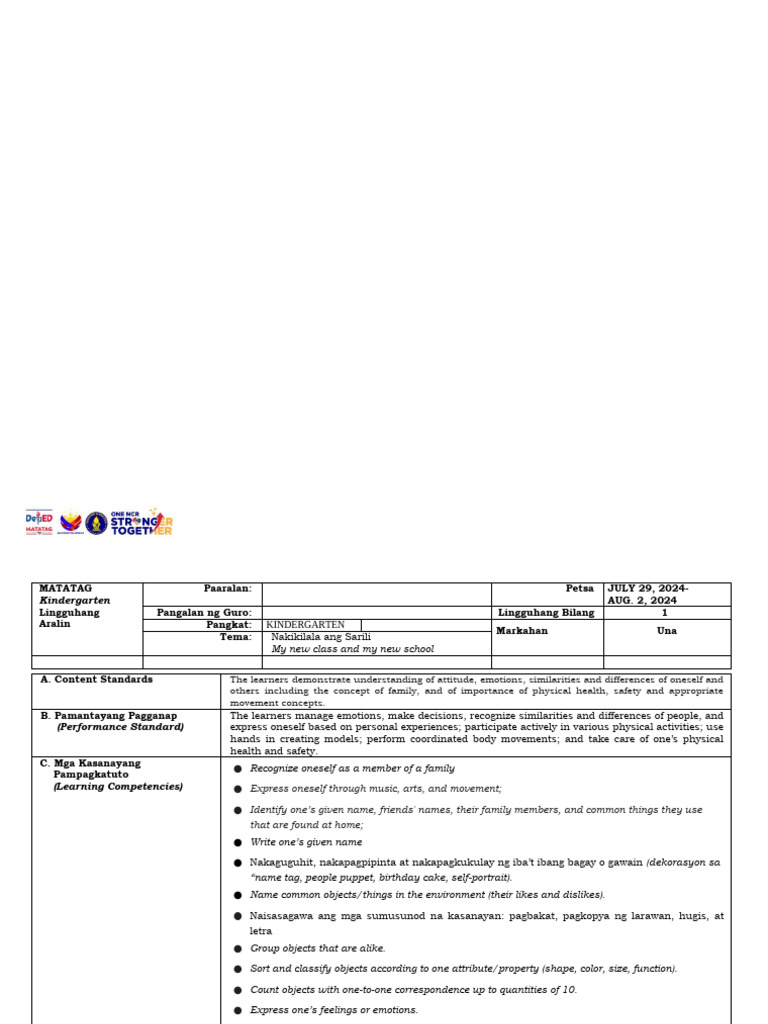 Week 1 Kindergarten Lingguhang Aralin | PDF